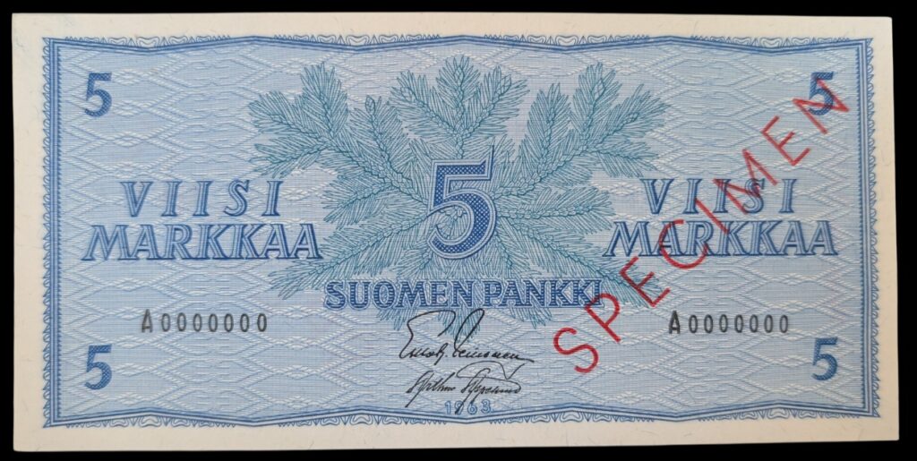 Finland 1963 5 Markkaa SPECIMEN – Finncoin.com